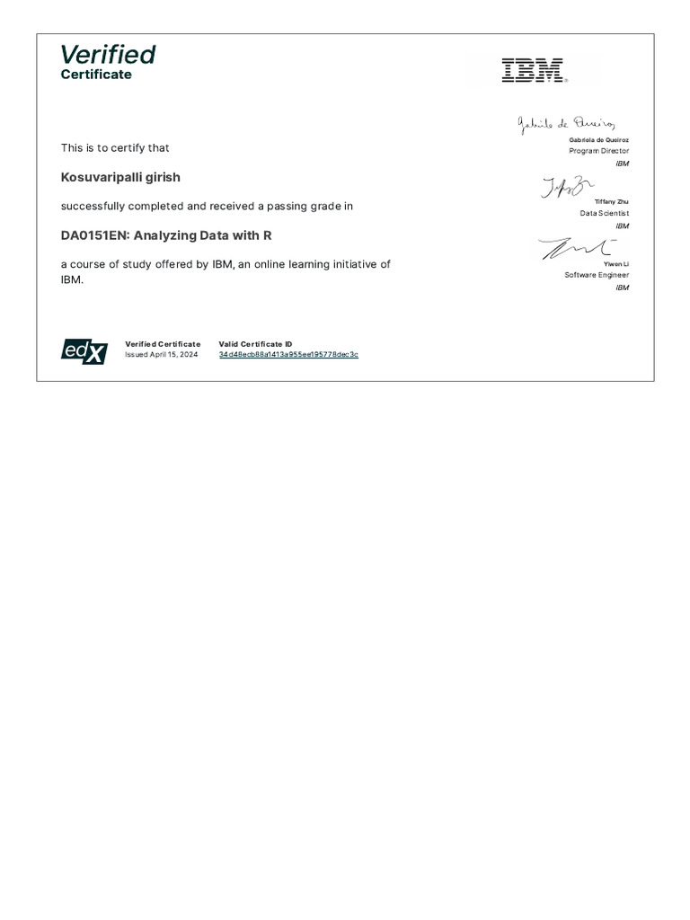 IBM DA0151EN Girish Certificate - Edx | PDF