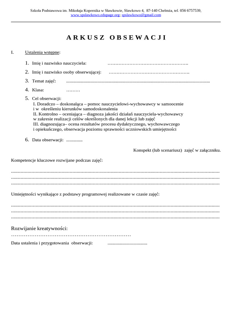 Arkusz Obserwacji Zajec 2018 19 | PDF