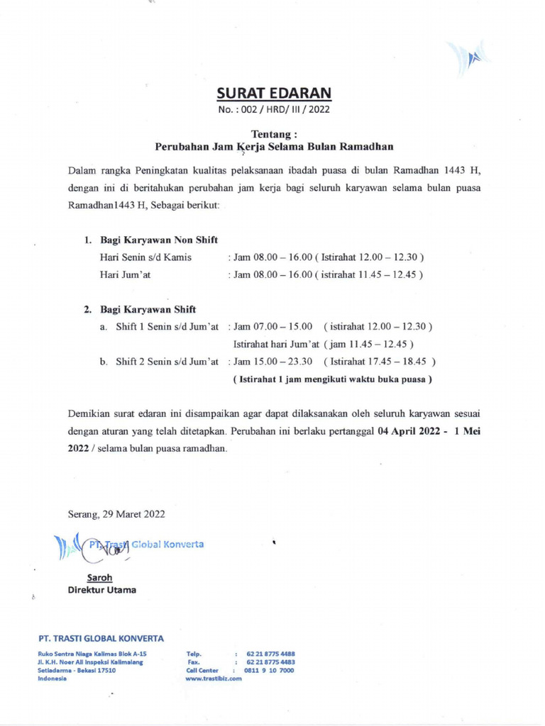 002 Surat Edaran - Perubahan Jam Kerja Selama Bulan Ramadhan TGK 2022 | PDF