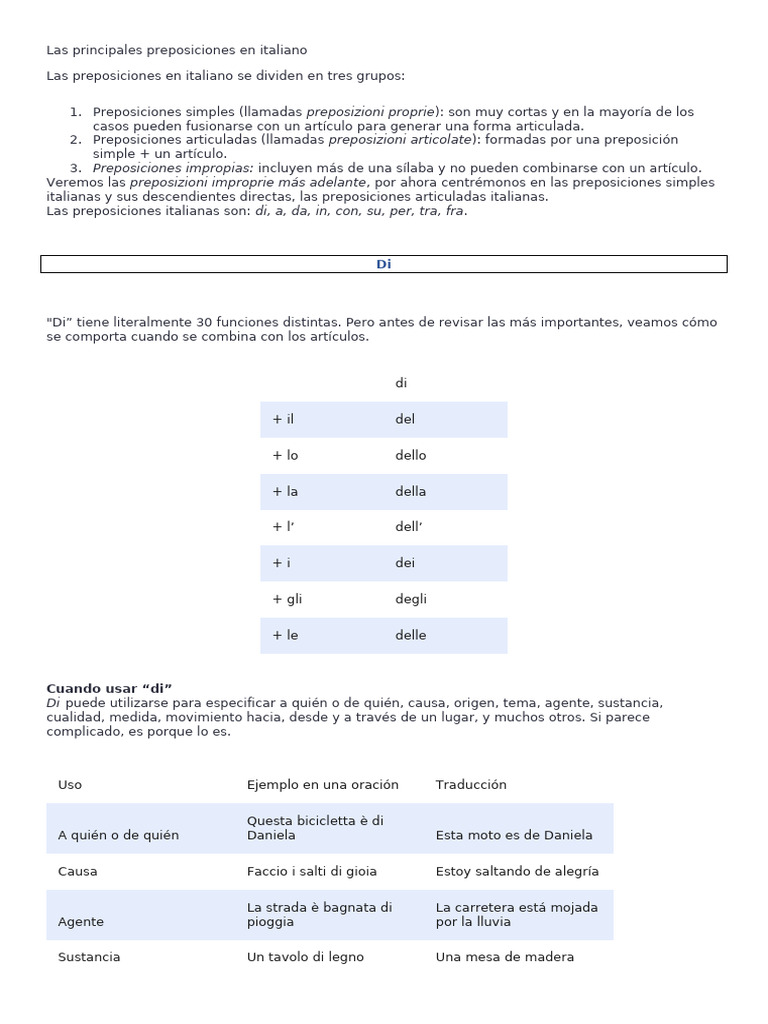 PREPOSICIONES - Las Principales Preposiciones en Italiano | PDF | Lingüística
