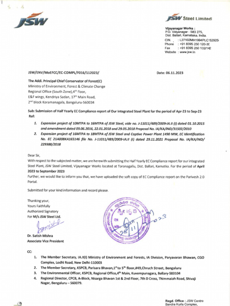 JSW Steel Vijayanagar Works EC Compliance Report April 2023 Sep 2023 | PDF