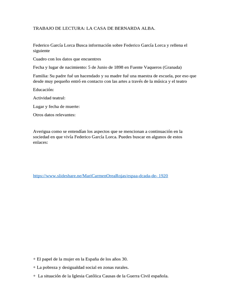 Trabajo La Casa de Bernarda Alba | PDF | Federico García Lorca