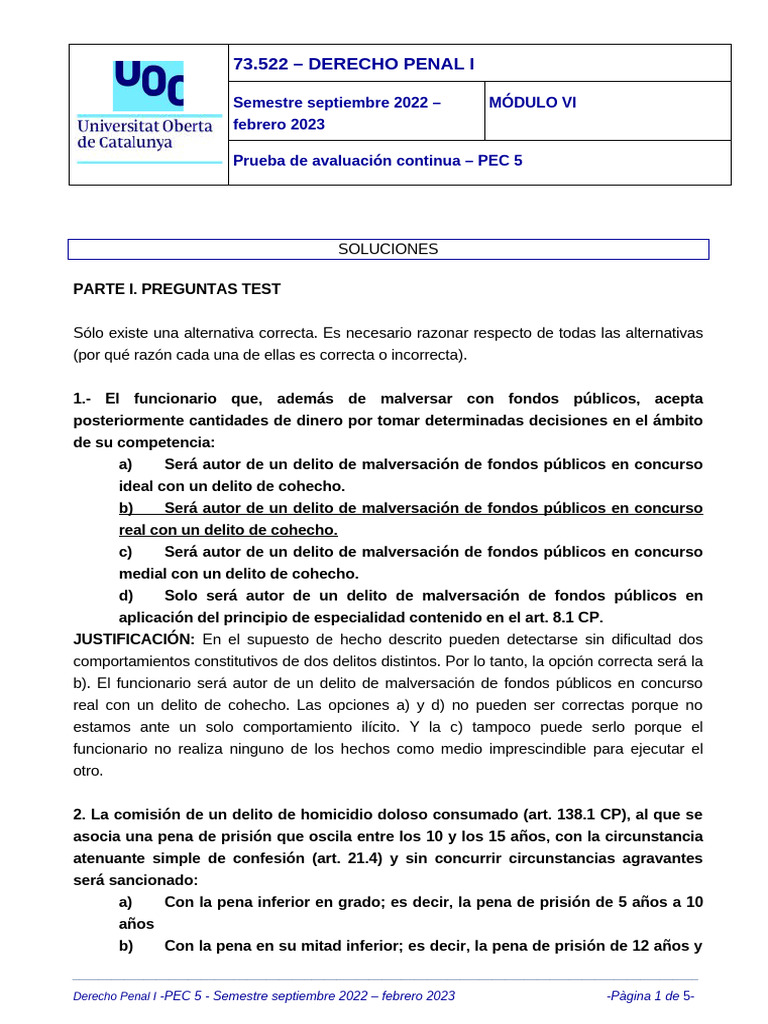 Pec5 - 12223 (Soluciones) | PDF | Castigos | Derecho penal