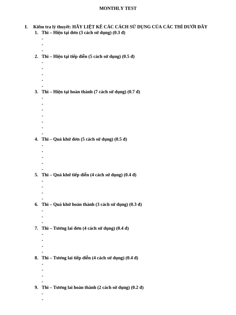 Monthly English Tense Test | PDF | Meal