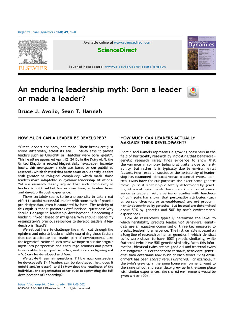 An Enduring Leadership Myth Born a Leader | PDF | Heritability | Leadership An Enduring Leadership Myth Born a Leader | PDF | Heritability | Leadership