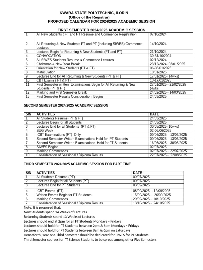 Kwara Poly Academic Calendar 2024/25 | PDF | Academic Term | Schools