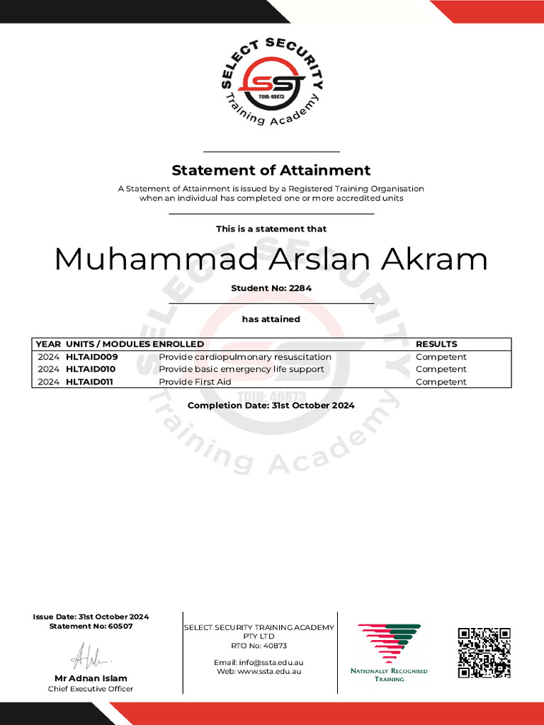 Muhammad Arslan Akram HLTAID011 - Provide First Aid | PDF