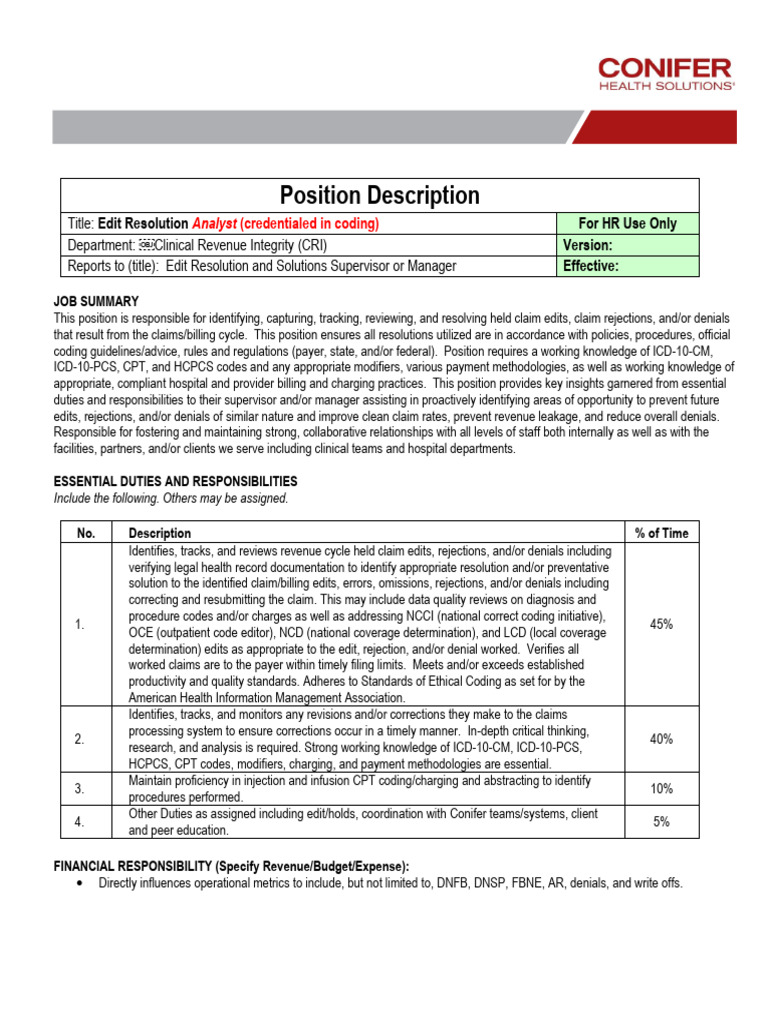 Edit Resolution Analyst JD | PDF | Electronic Health Record | Medical Record
