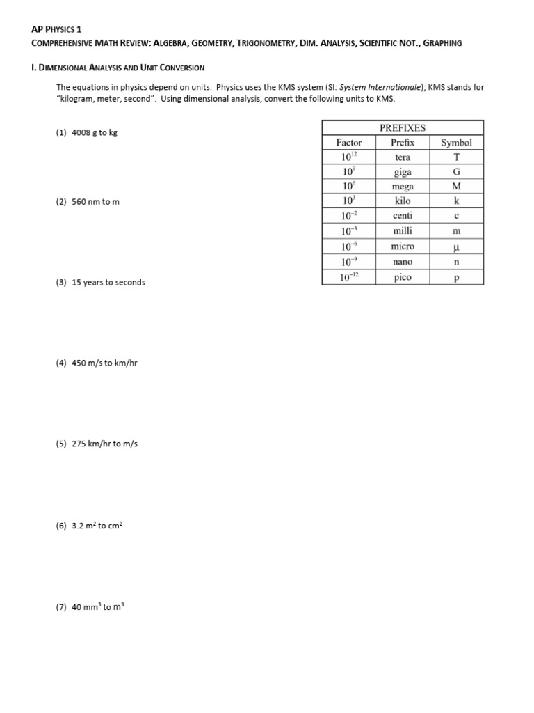 PHYS AP1 Math Review 2024-25 | PDF | Trigonometric Functions | Equations