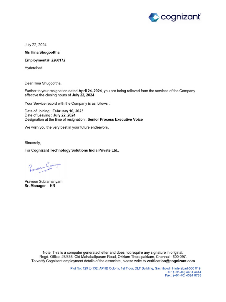 Cognizant Relieving Letter 2268172 | PDF