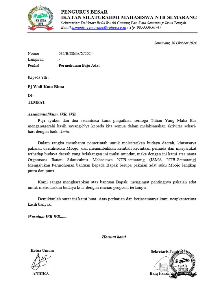 Surat Permohonan Baju Adat ISMA NTB | PDF | Ilmu Sosial