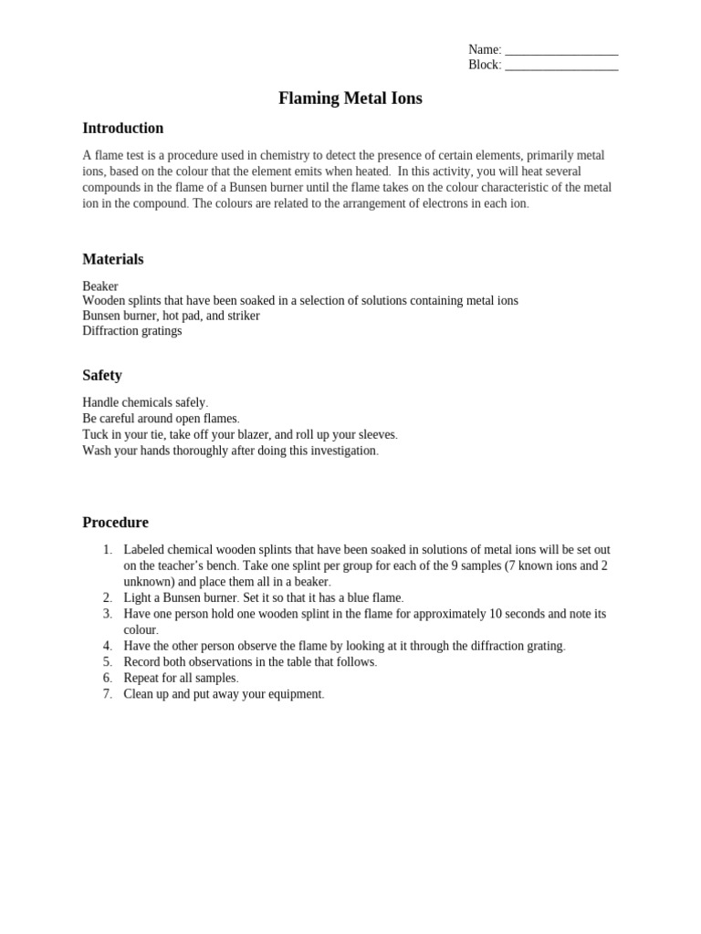Flaming Metal Ions Lab | PDF | Chemistry | Materials