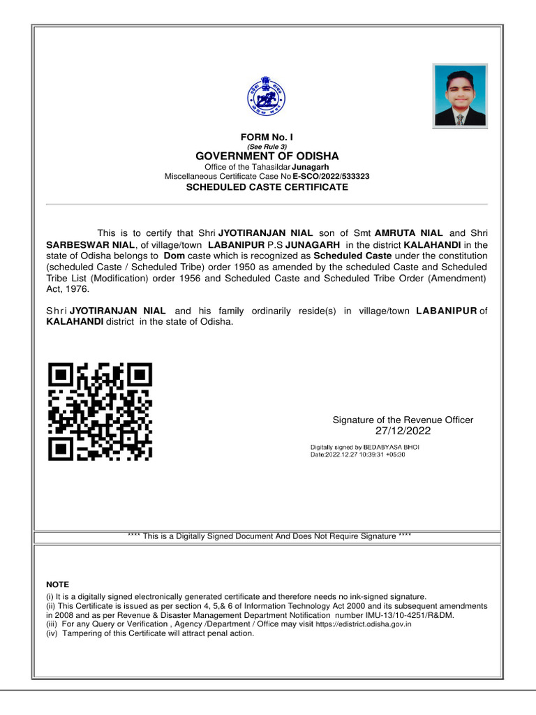 Schedule Caste Certificate. | PDF