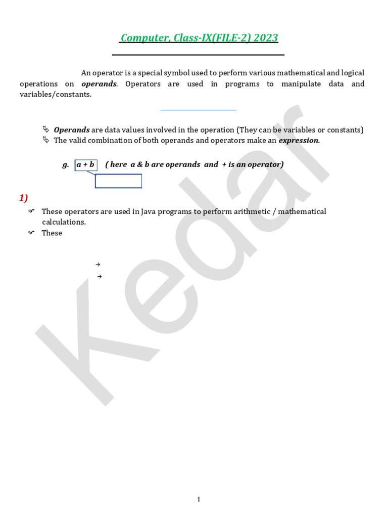 Java Operators, Ch-2 (Class - Ix, 2023) | PDF | Integer | Mathematics