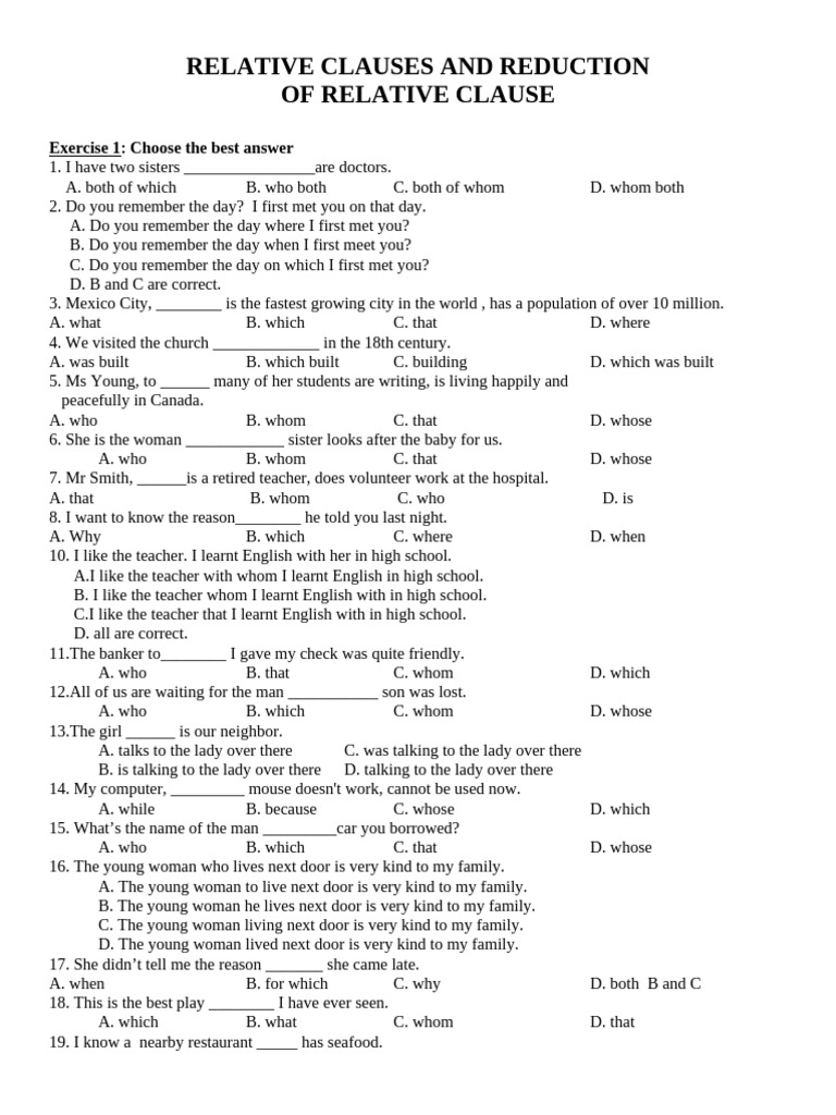 RELATIVE CLAUSES AND REDUCTION OF RELATIVE CLAUSE - EXERCISES | PDF
