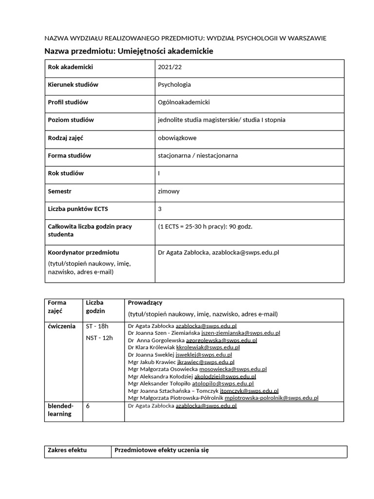 Sylabus 2.1 UmiejÄ Tnoå Ci+akademickie Final 2021 22 | PDF