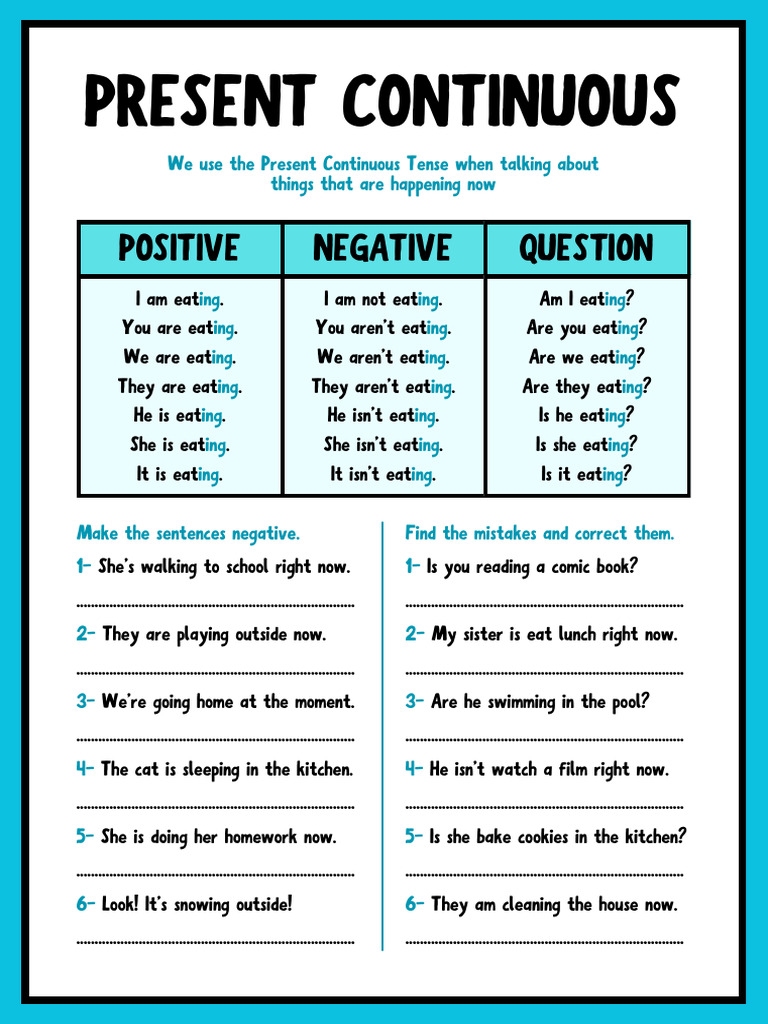 Present Continuous Worksheet in Blue White Simple Style | PDF ...