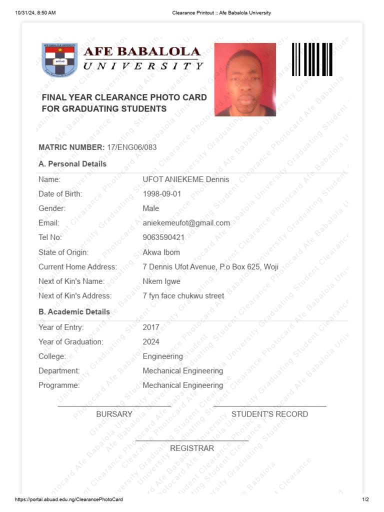 Clearance Printout __ Afe Babalola University | PDF