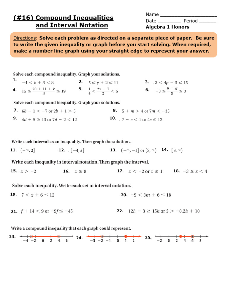 HWK - 16 - Alg1Hon - Unit 2B - Compound Inequalities, Interval Notation (2024) | PDF