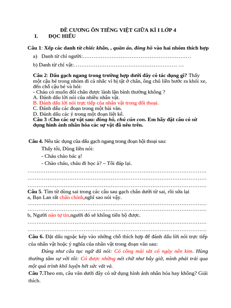 De Cuong On Tap Giua Hoc Ki 1 Mon Tieng Viet 4 Sach Canh Dieu | PDF