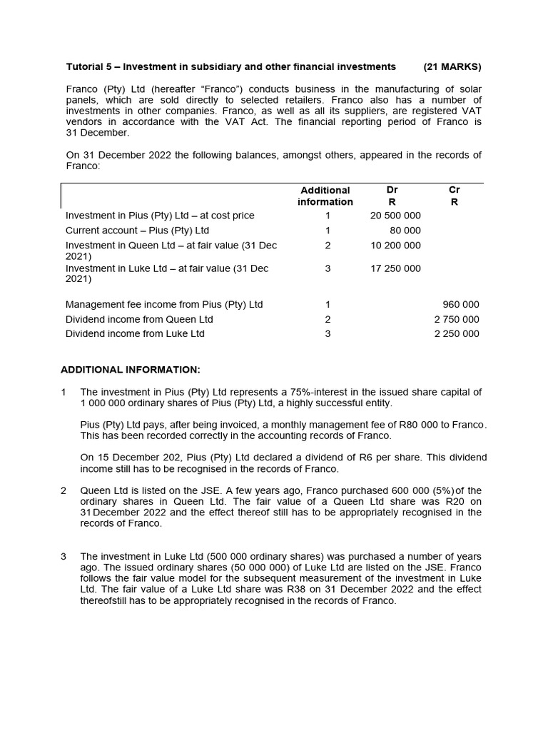Tutorial 5 Question - Investment in Subsidiary and Other Financial Investments | PDF | Dividend ...