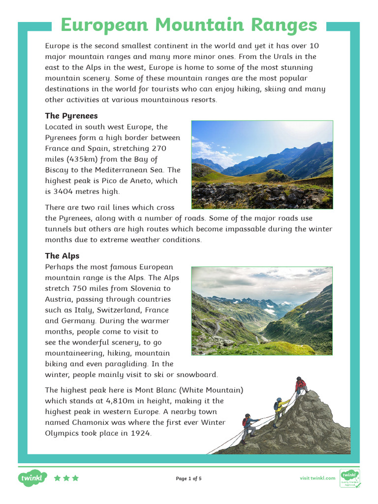 European Mountain Ranges Reading Comprehension | PDF | Alps | Earth ...
