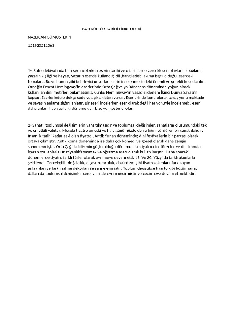 Bati Kültür Tari̇hi̇ Fi̇nal Ödevi̇ | PDF