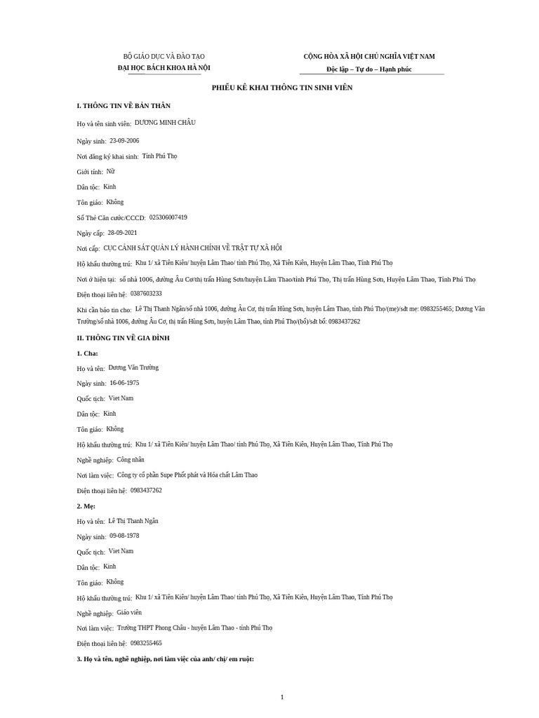 Phieu-ke-khai-thong-tin-sinh-vien | PDF
