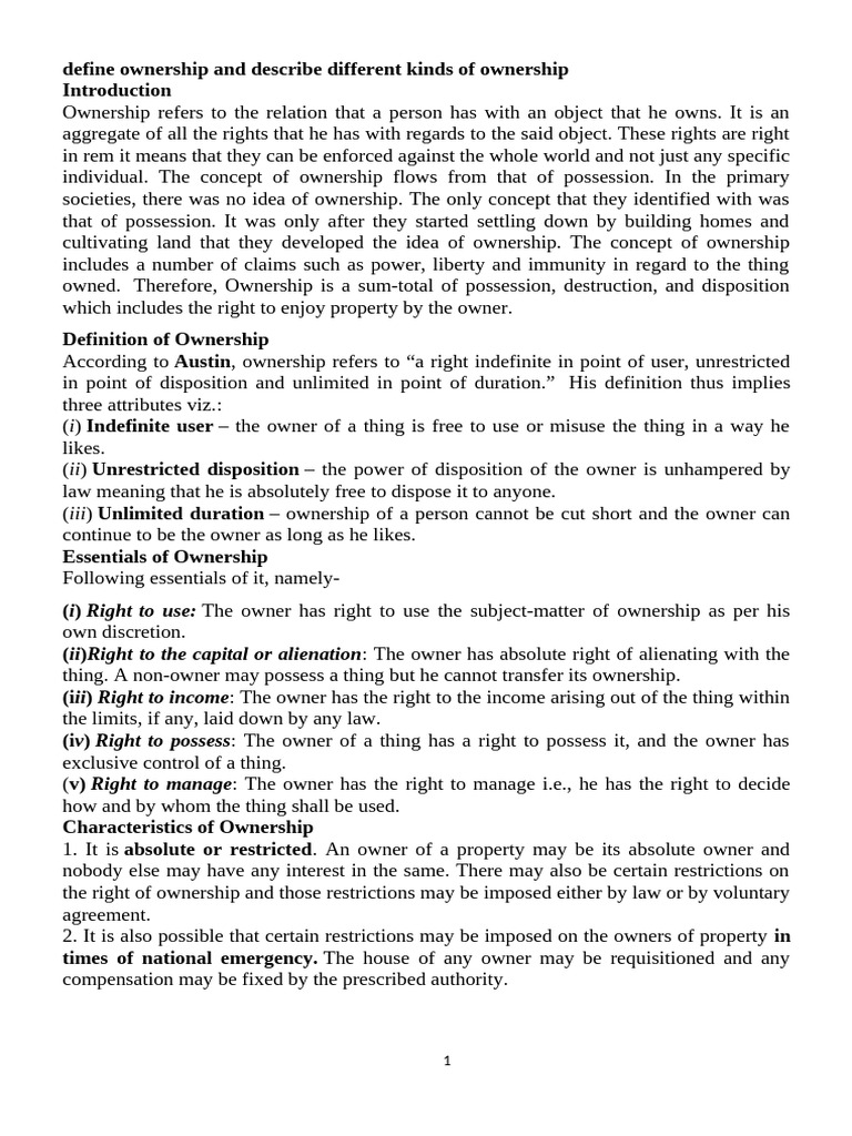 Define Ownership and Describe Different Kinds of Ownership | PDF ...