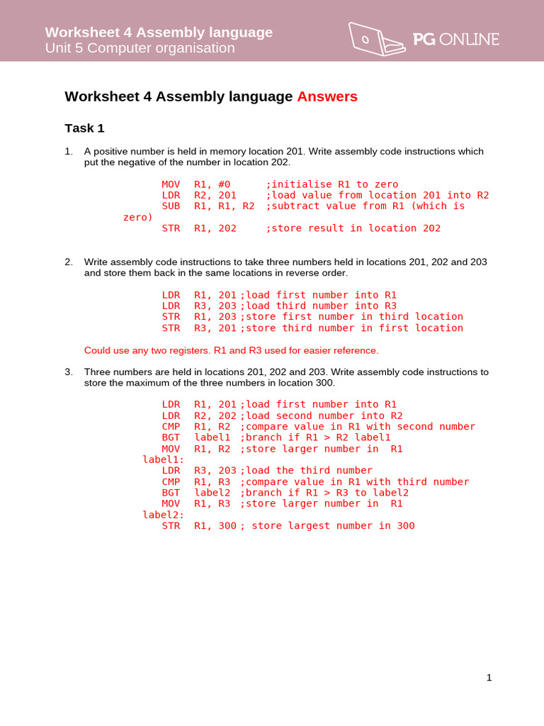 Computer Organisation Worksheet 4 Answers | PDF | Assembly Language ...