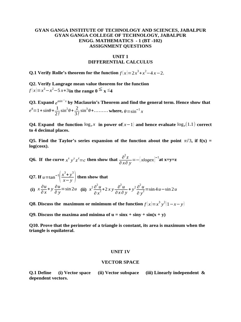 Engg - Mathematics I Unit 1 Unit IV and Unit V Assignment Questions | PDF | Eigenvalues And ...