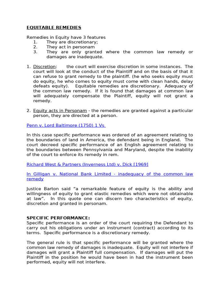EQUITABLE REMEDIES | PDF | Injunction | Specific Performance