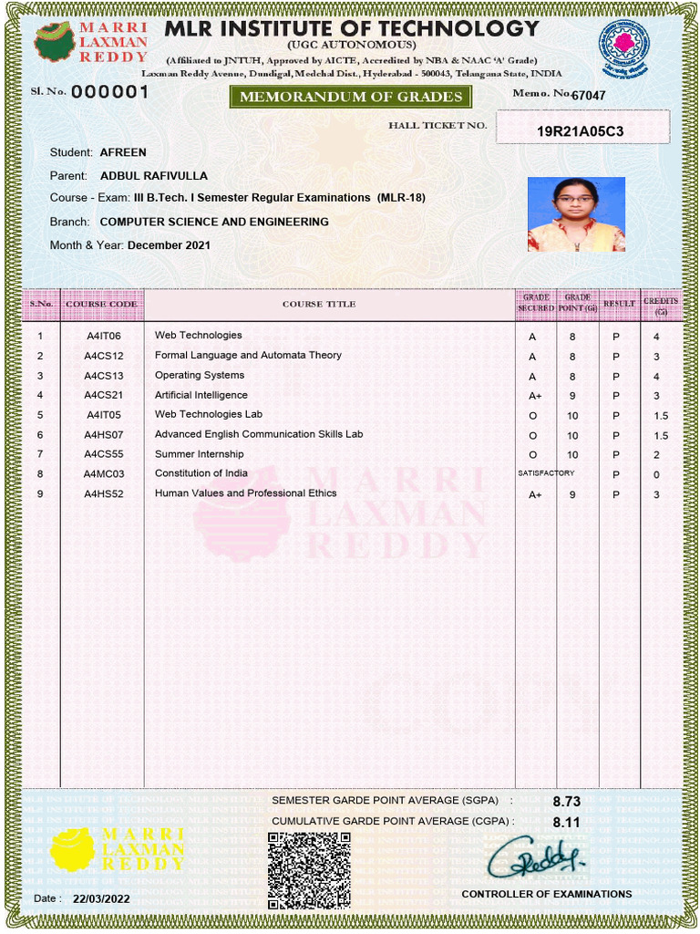 Afreen Adbul Rafivulla III B.Tech. I Semester Regular Examinations (MLR-18) Computer Science and ...
