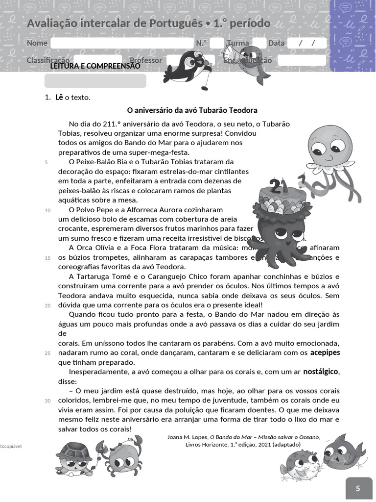 Português Avaliação Intercalar - 1.º Período | PDF