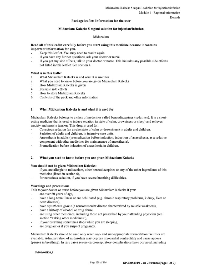 Midazolam Kalceks 5mg-Ml - Solution for Injection-Infusion - PIL | PDF