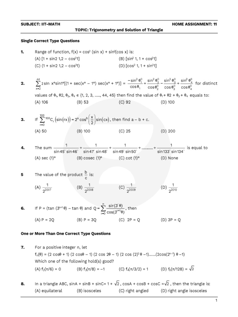 Excel Apex_Revision Assignment-11_Trigonometry & SOT_SC | PDF