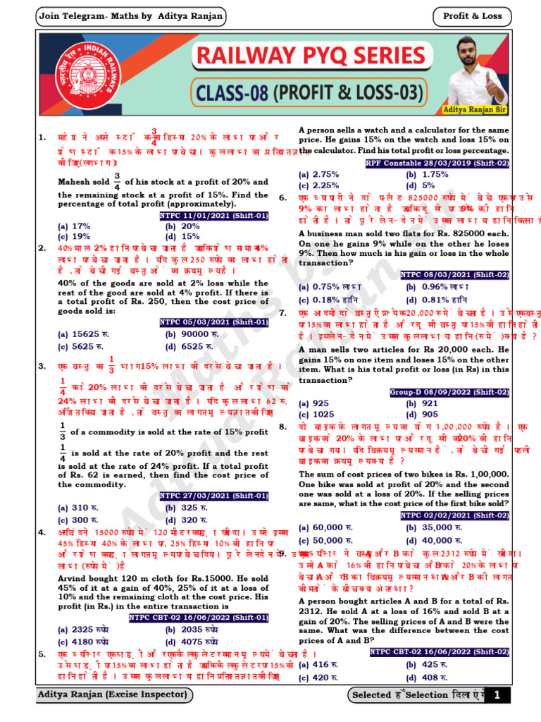 Class-08 (Profit & Loss-03) (Railway PYQ Series) | PDF | Marketing | Investing