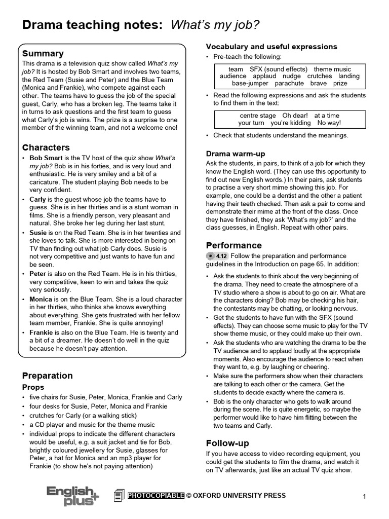 Drama Teaching Notes Whats My Job | PDF