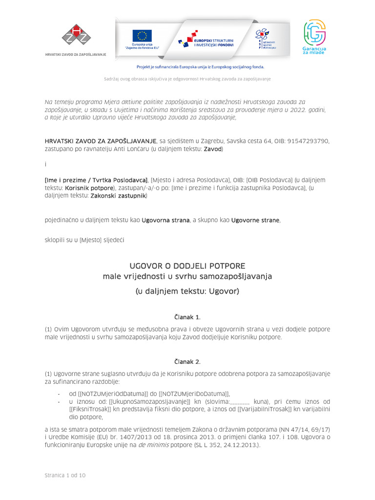 HZZ Ugovor Samozaposljavanje 17.03.22 v12 | PDF