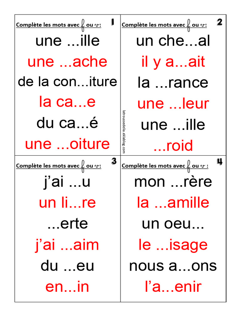 Mots à compléter avec f ou v | PDF