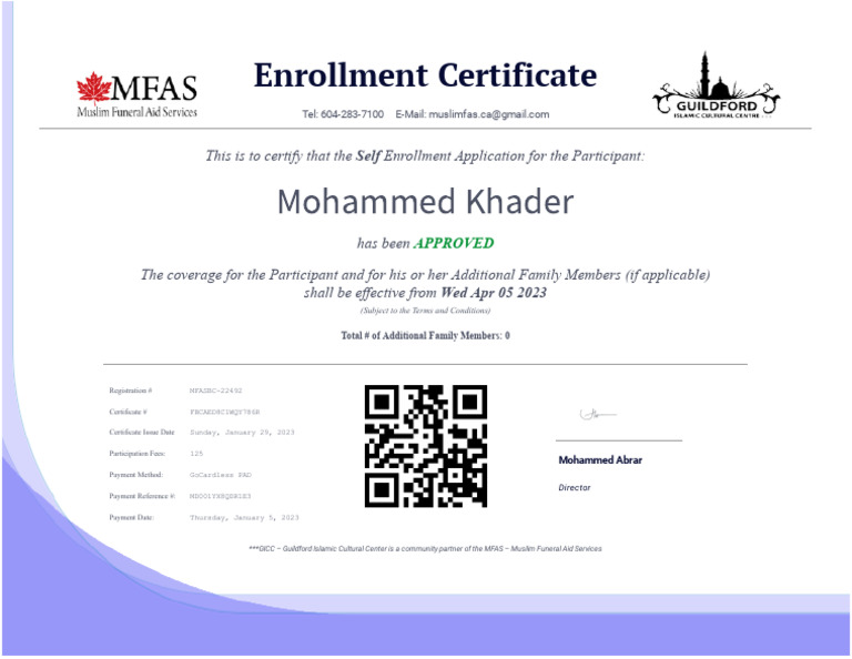 MFASBC 22492 Enrollment Certificate Mohammed Khader | PDF