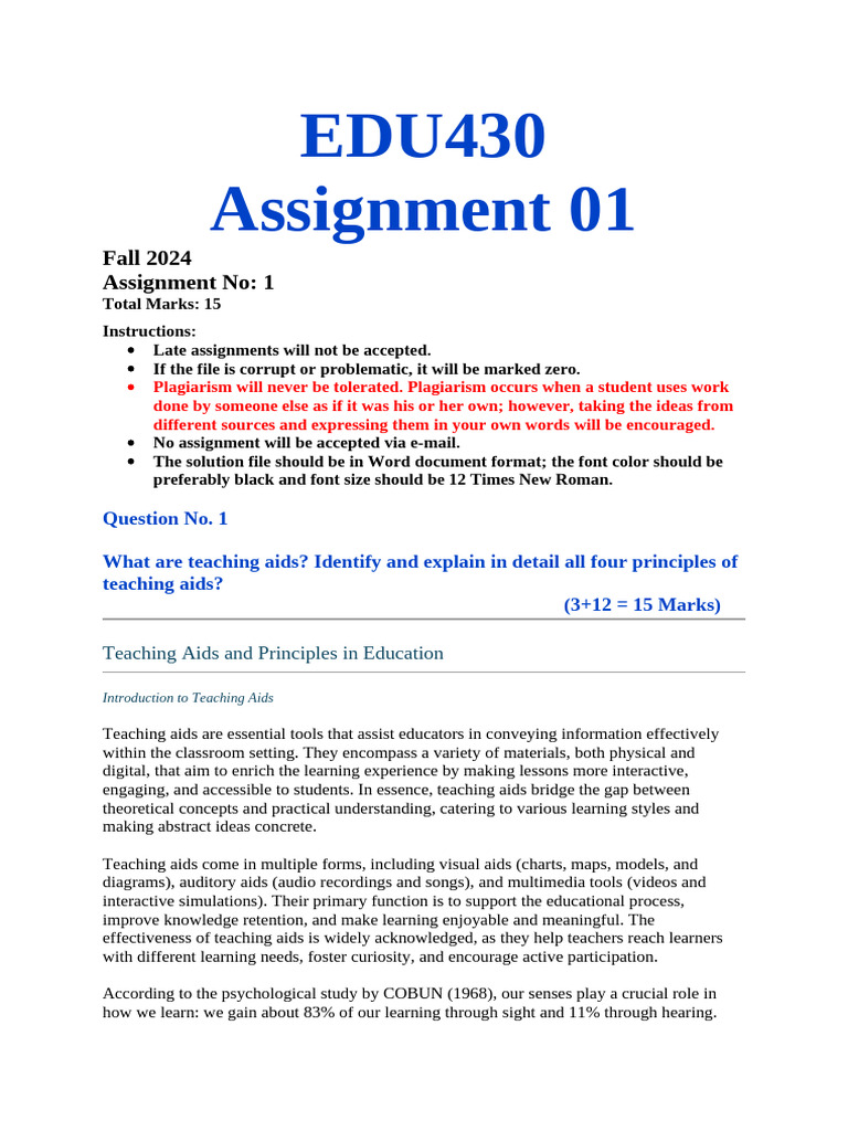 Fall 2024 - EDU430 - 1 - Solved | PDF | Teachers | Learning