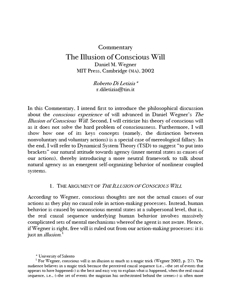 Wegner's Illusion of Conscious Will Explained | PDF | Free Will ...