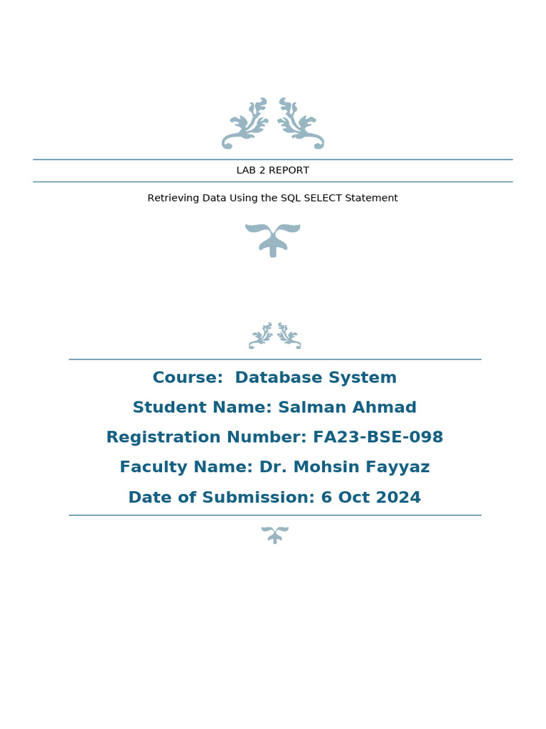 Comsats Atd LAB 2 REPORT | PDF | Table (Database) | Sql