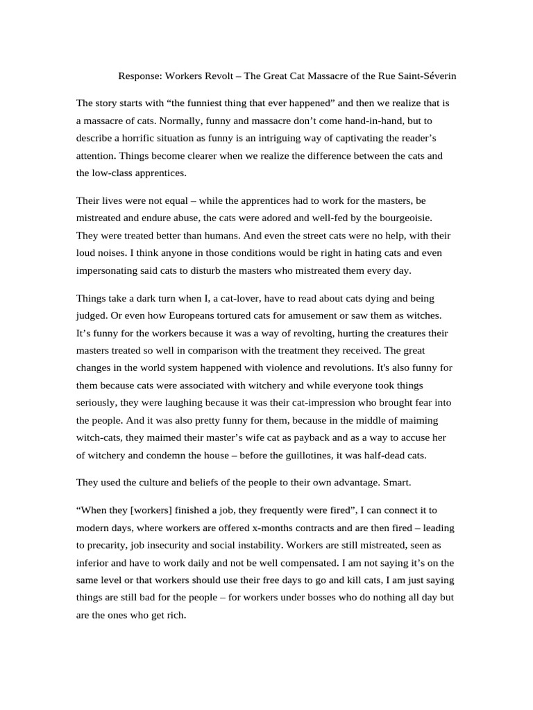 Response - Workers Revolt - The Great Cat Massacre of The Rue Saint ...