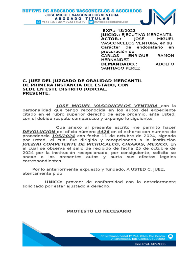 Devolucion de Oficio y Exhorto 48-2023 | PDF