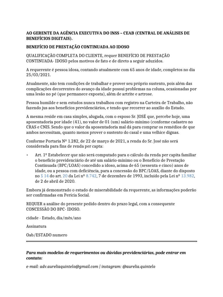 Modelo Peticao de BPC Loas A Idoso Inss | PDF