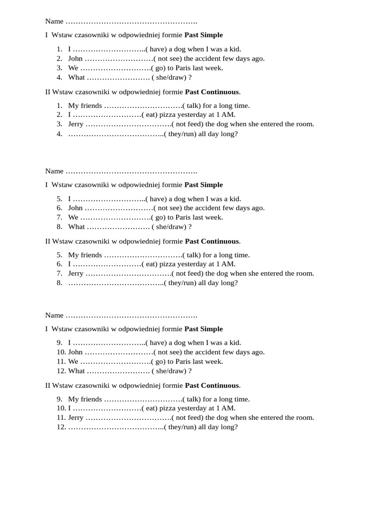 Kartkówka 8 Klasa Past Simple I Past Continuous | PDF Kartkówka 8 Klasa Past Simple I Past Continuous | PDF