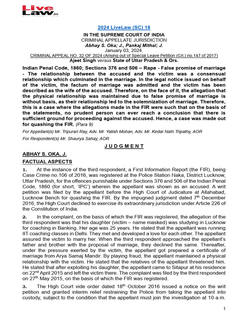 18 Ajeet Singh V State of Uttar Pradesh 3 Jan 2024 514781 | PDF | Appeal | Judgment (Law)