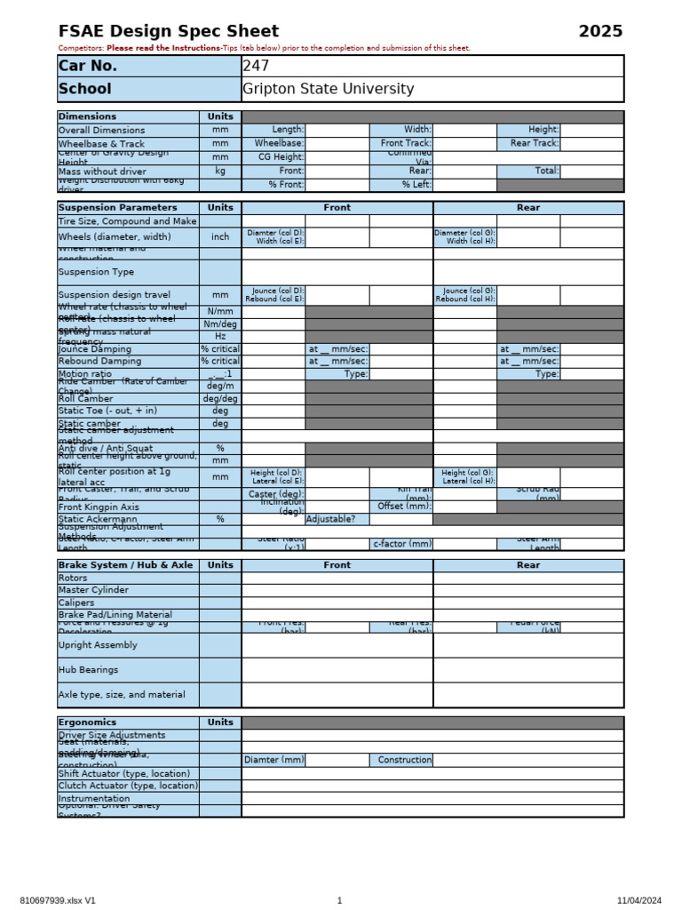 2025 FSAE Design IC Spec Sheet Template | PDF | Motor Vehicle | Land Vehicles
